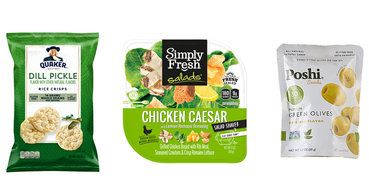 Dill Pickle Rice Chips, Green Olive Snack Pouches, Chicken Caesar Salad ...