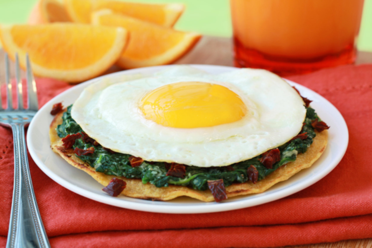 Cheesy Spinach Breakfast Tostada | Hungry Girl