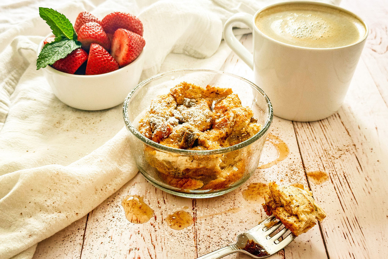 Microwave Sweet & Savory Breakfast Bread Pudding Recipe | Hungry Girl
