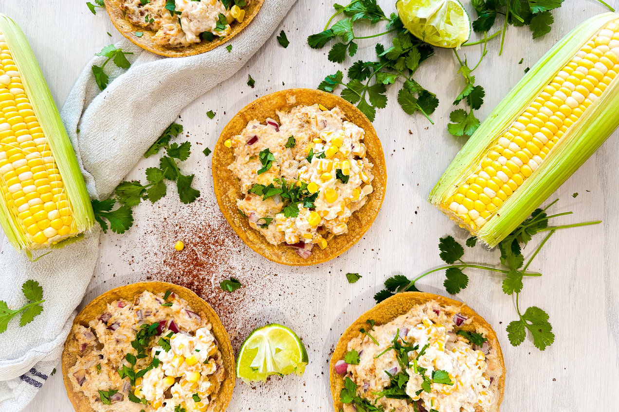 Healthy Mexican Street Corn Chicken Smashed Tacos Recipe | Hungry Girl
